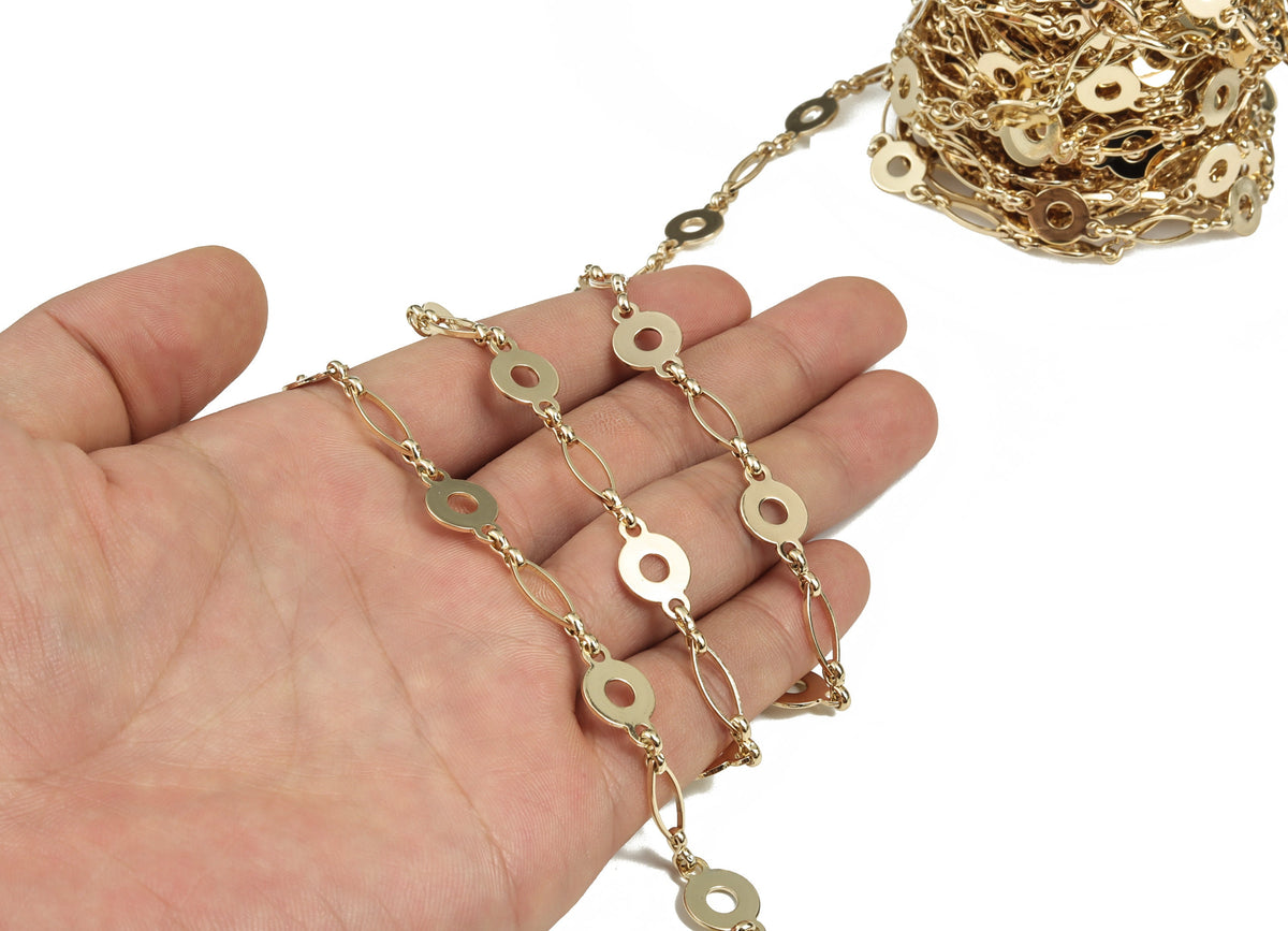 Gold Flat Round Cable Chain - 14K Real Gold Brass Marquise Open Link ...
