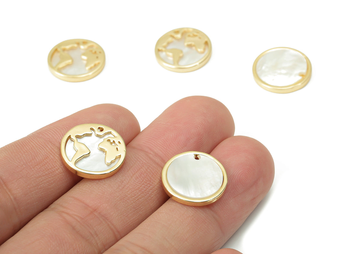 Brass Round World Map Charms - Shell World Map Circle Pendant - 18K Re ...