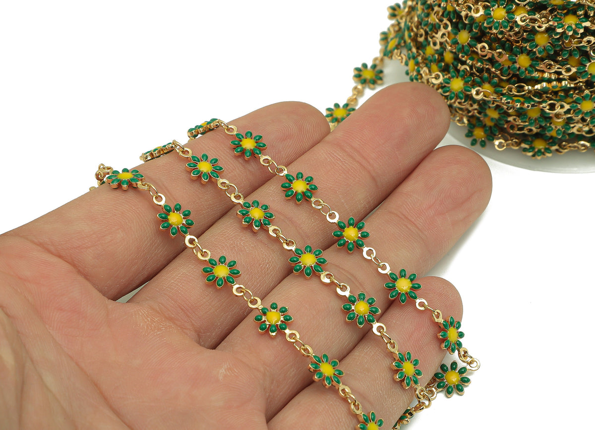 Brass Daisy Chain - Enamel Green Flower Chains - Floral Link Chain Fin ...