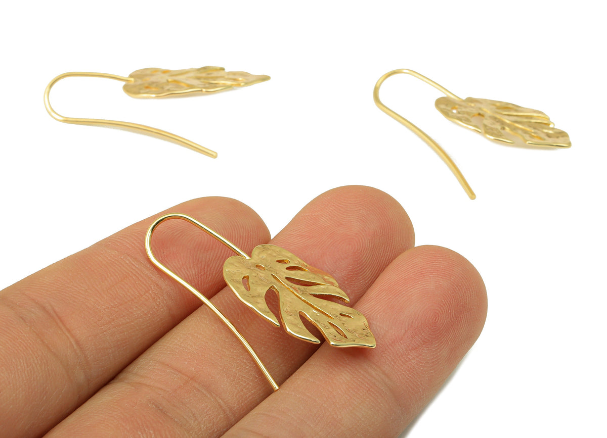 Brass Monstera Ear Wires Earring - Leaf Hook Earring -Textured Botanic ...
